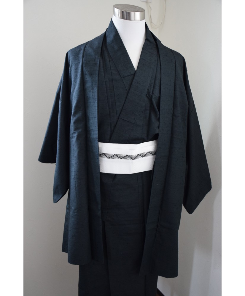 HAORI + KIMONO BLEU YUKI TSUMUGI en SOIE 100%